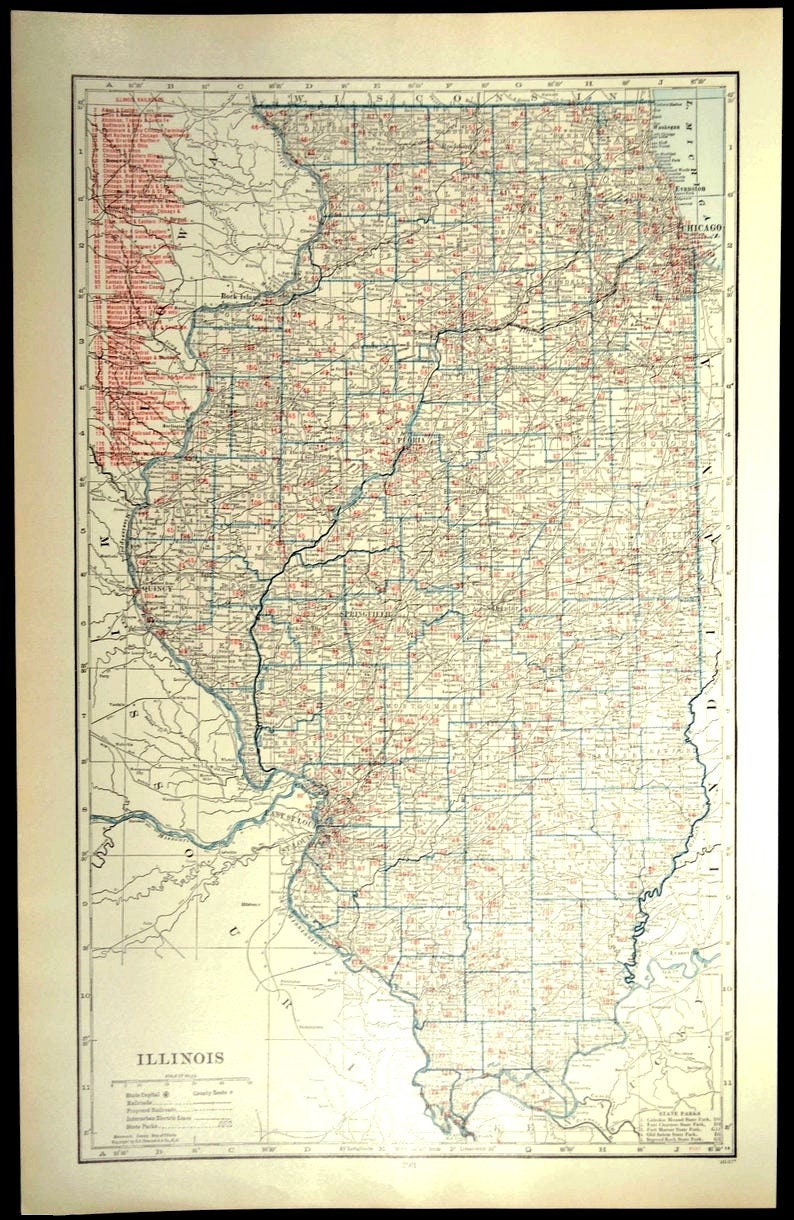 1920s Antique ILLINOIS RAILROAD Map Wall Art Decor LARGE - Etsy