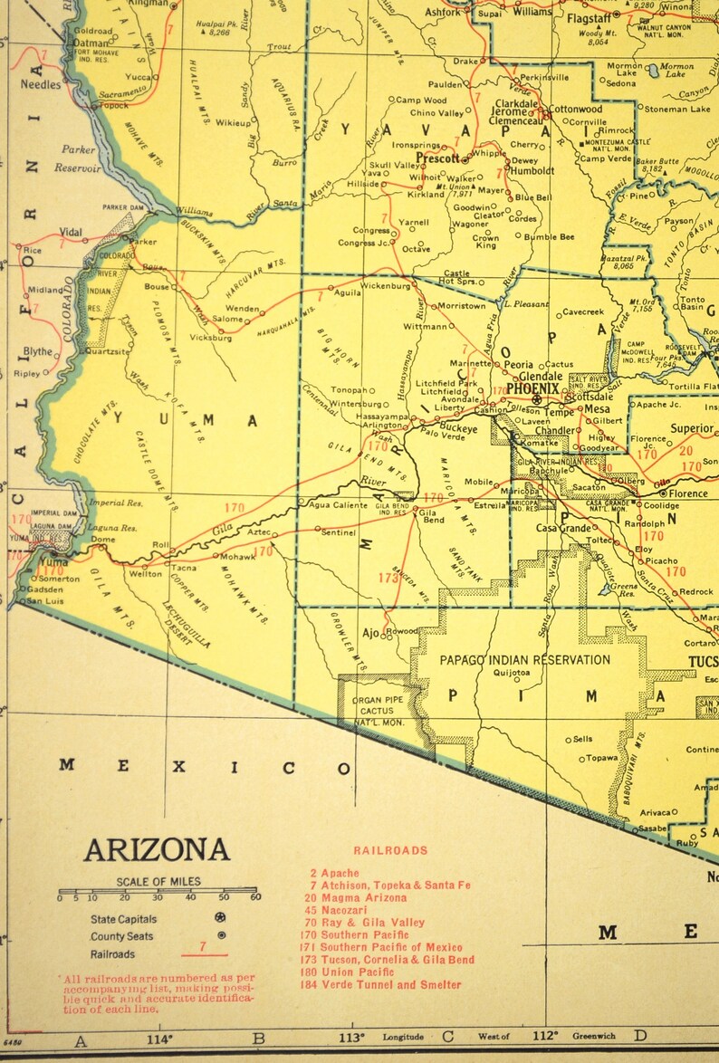 Vintage ARIZONA RAILROAD Map Wall Art 1940s Decor Vintage | Etsy