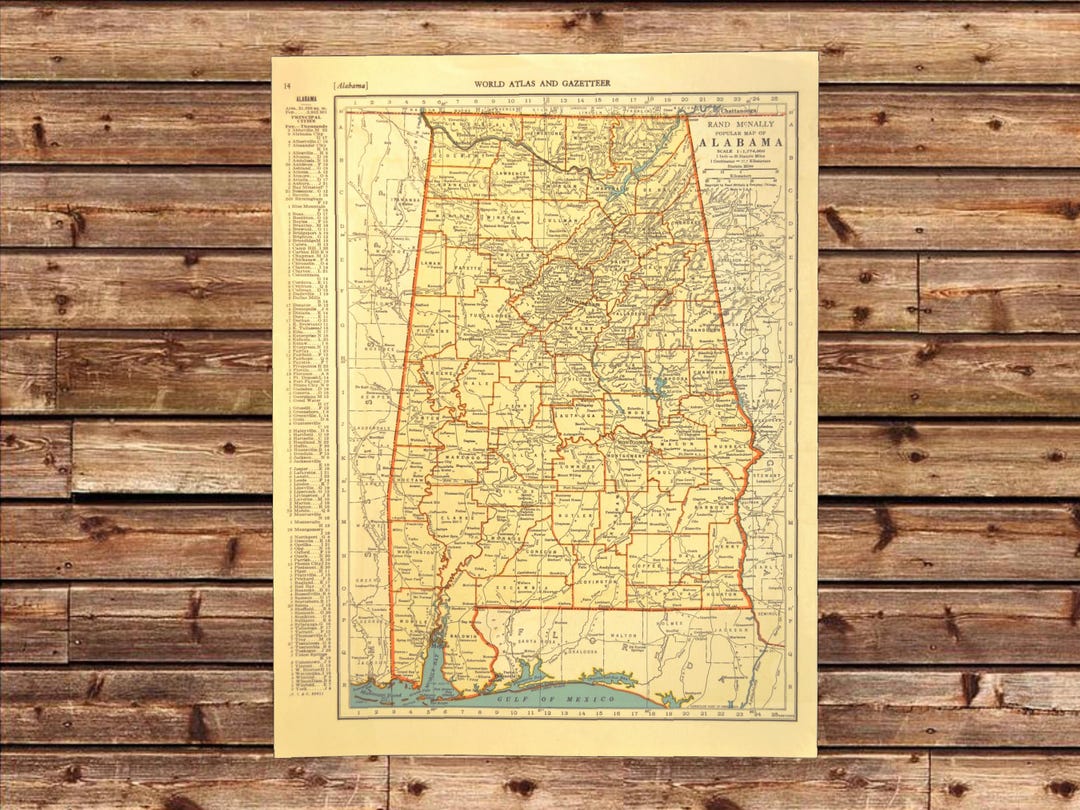 Vintage ALABAMA Map Wall Art Decor Frameable 1930s Old Original ...