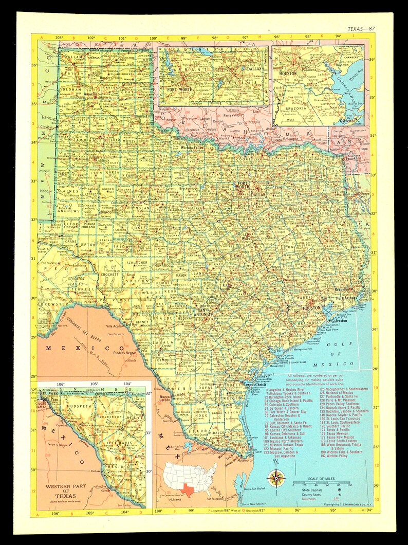 Texas Map of Texas Wall Art Decor Vintage 1950s Old Railroad | Etsy