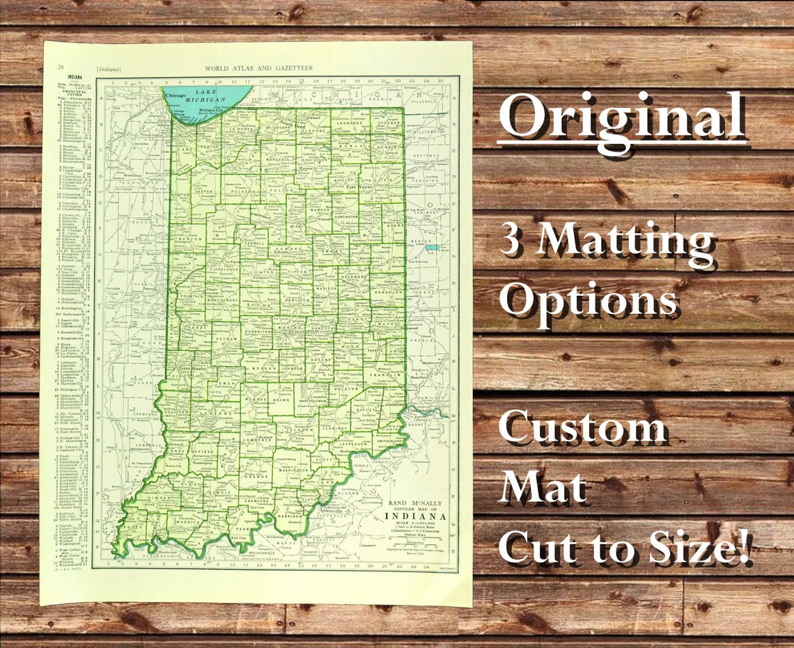 INDIANA MAP Wall Art Decor Vintage Matted Ready to Frame 1940s | Etsy