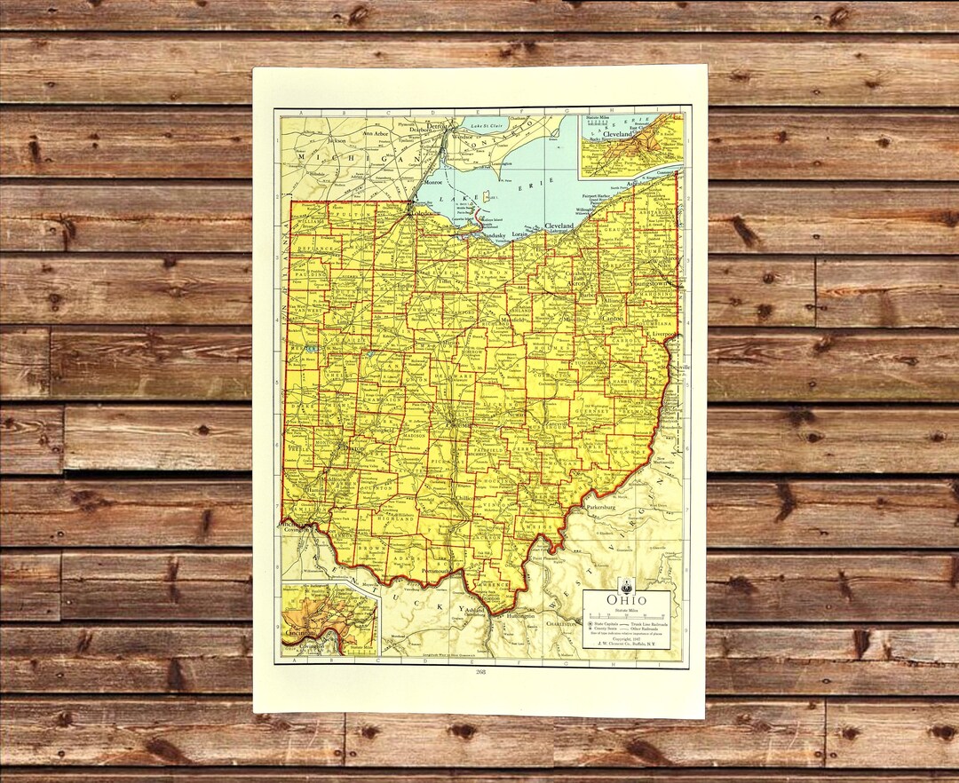 Vintage OHIO MAP of Ohio Wall Art Decor Frameable Ready to - Etsy