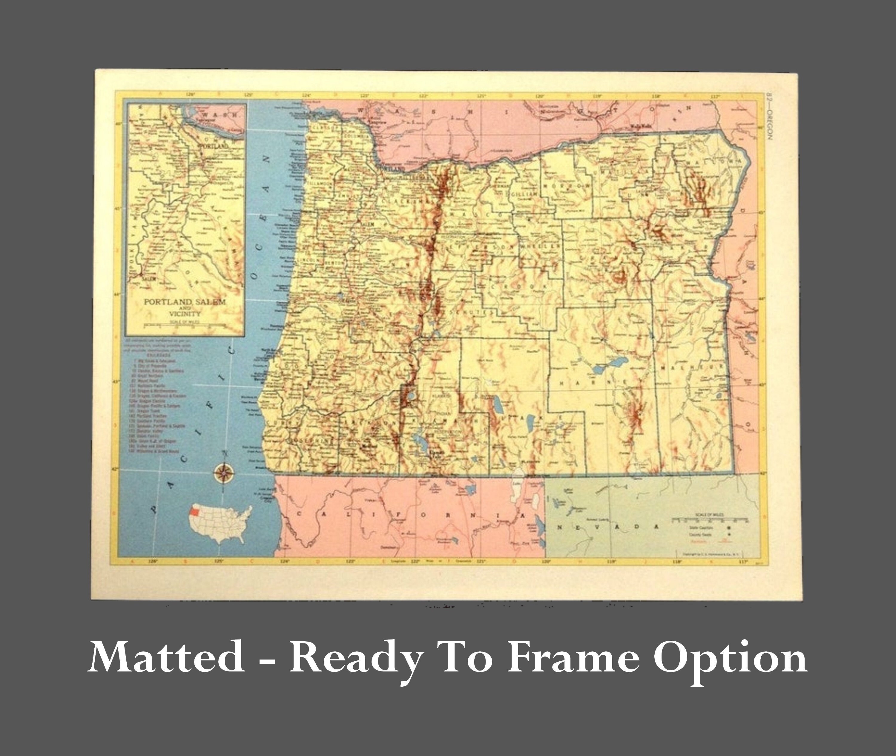 Oregon Map of Oregon Wall Art Decor Vintage 1950s Original | Etsy