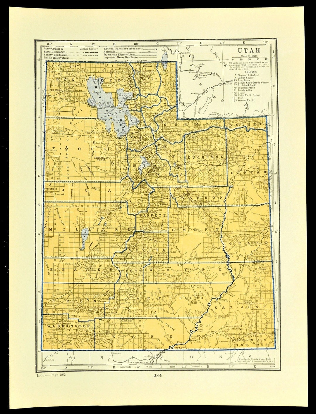 Vintage UTAH Railroad Map Wall Art Decor Original Utah Beehive State ...