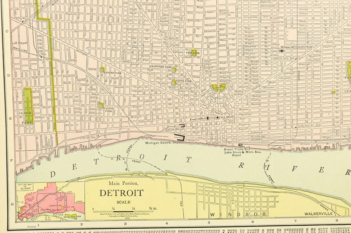 Detroit Map of Detroit Street Map Wall Decor Art Antique | Etsy