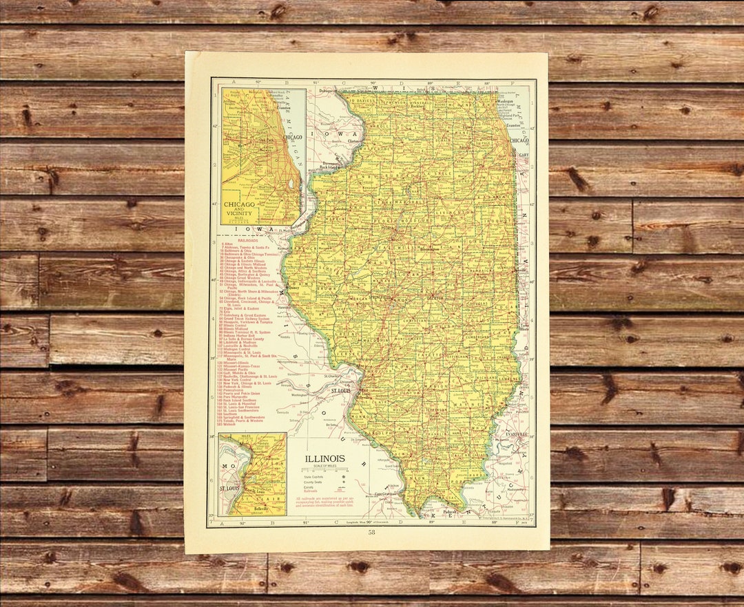 Illinois Railroad Map of Illinois Wall Art Vintage 1940s Old Original ...