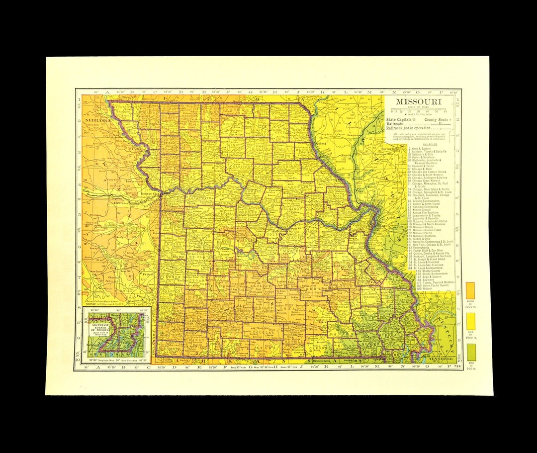 Vintage MISSOURI MAP Topographic Wall Art Decor Colorful Vintage Topo ...