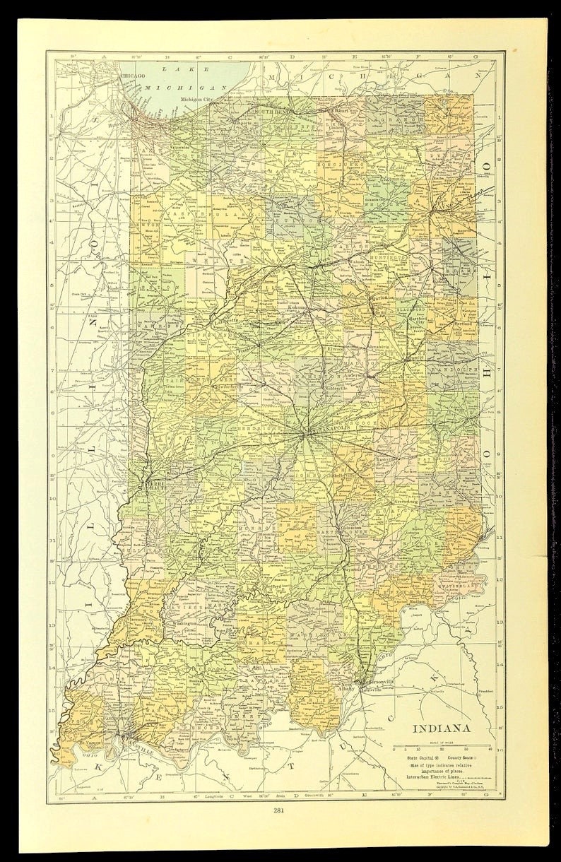 Indiana Map of Indiana Wall Art Decor LARGE Railroad Map | Etsy