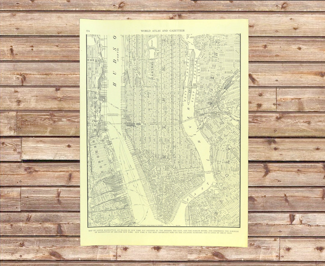Lower MANHATTAN Map Vintage Map of Manhattan Street Map Wall Art Decor ...