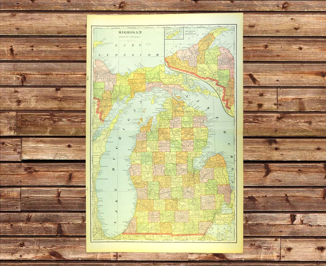 LARGE Michigan Map of Michigan Wall Decor Art Antique Original - Etsy
