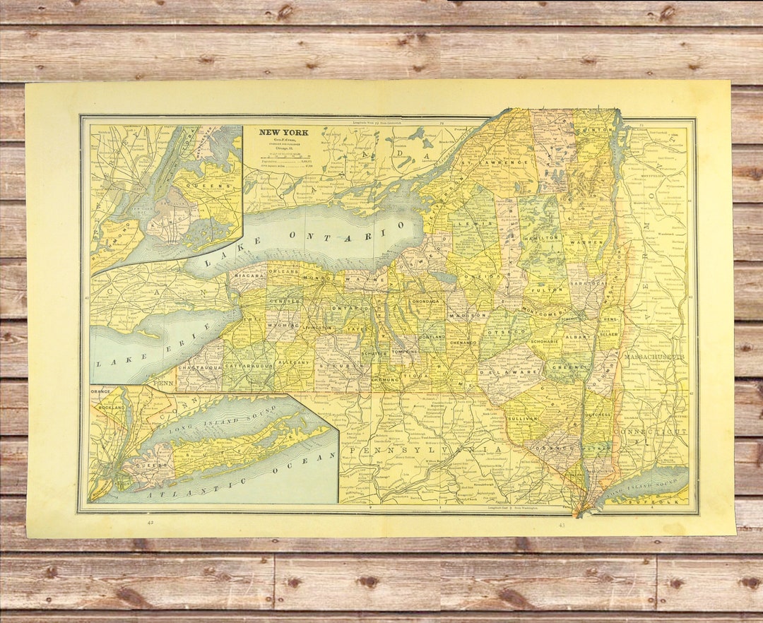 Vintage NEW YORK State Map Wall Art LARGE Original Antique - Etsy