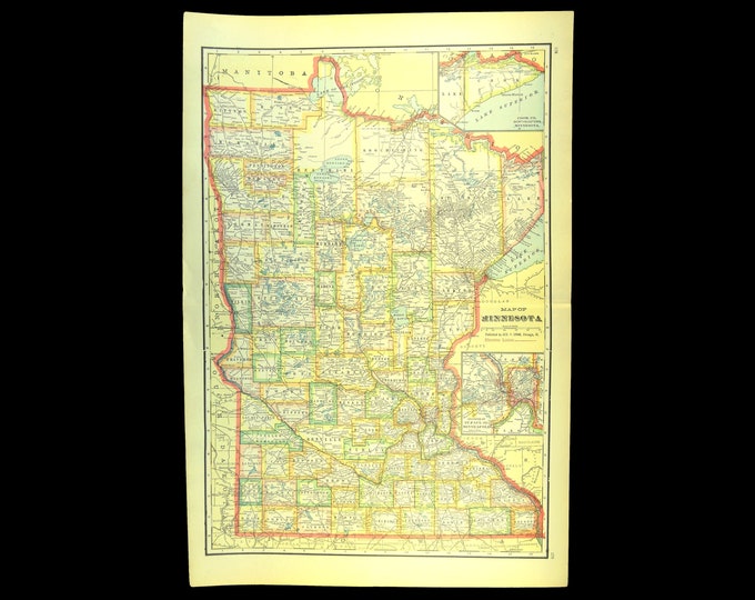 Minnesota County Map of Minnesota Wall Art Decor LARGE Antique Colorful ...