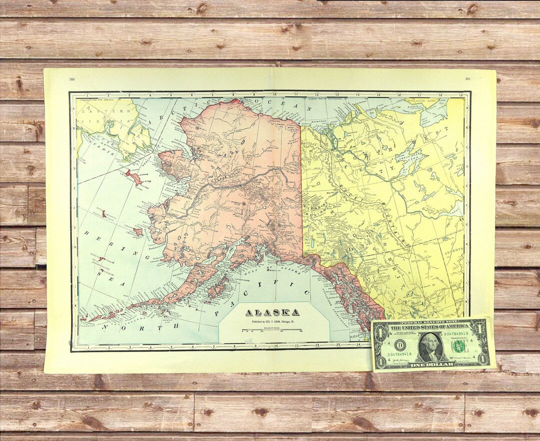 Vintage Alaska Map Wall Art Decor LARGE Antique Yukon Gold Regions - Etsy