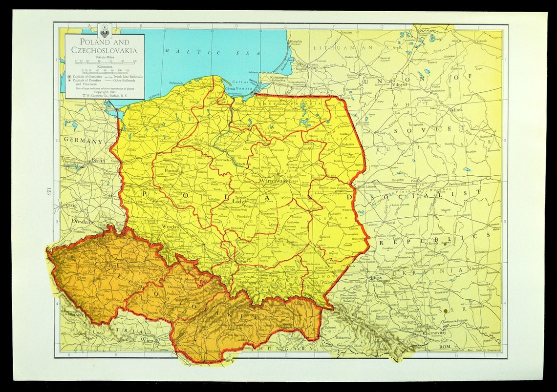 1947 Poland Map of Czechoslovakia Wall Art Decor Vintage - Etsy