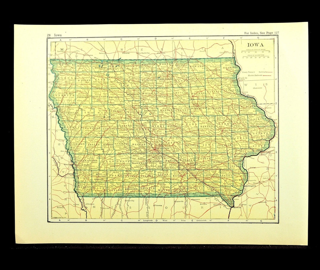 Vintage IOWA RAILROAD Map of Iowa Wall Art Old ORIGINAL 1920s Dad Gift ...