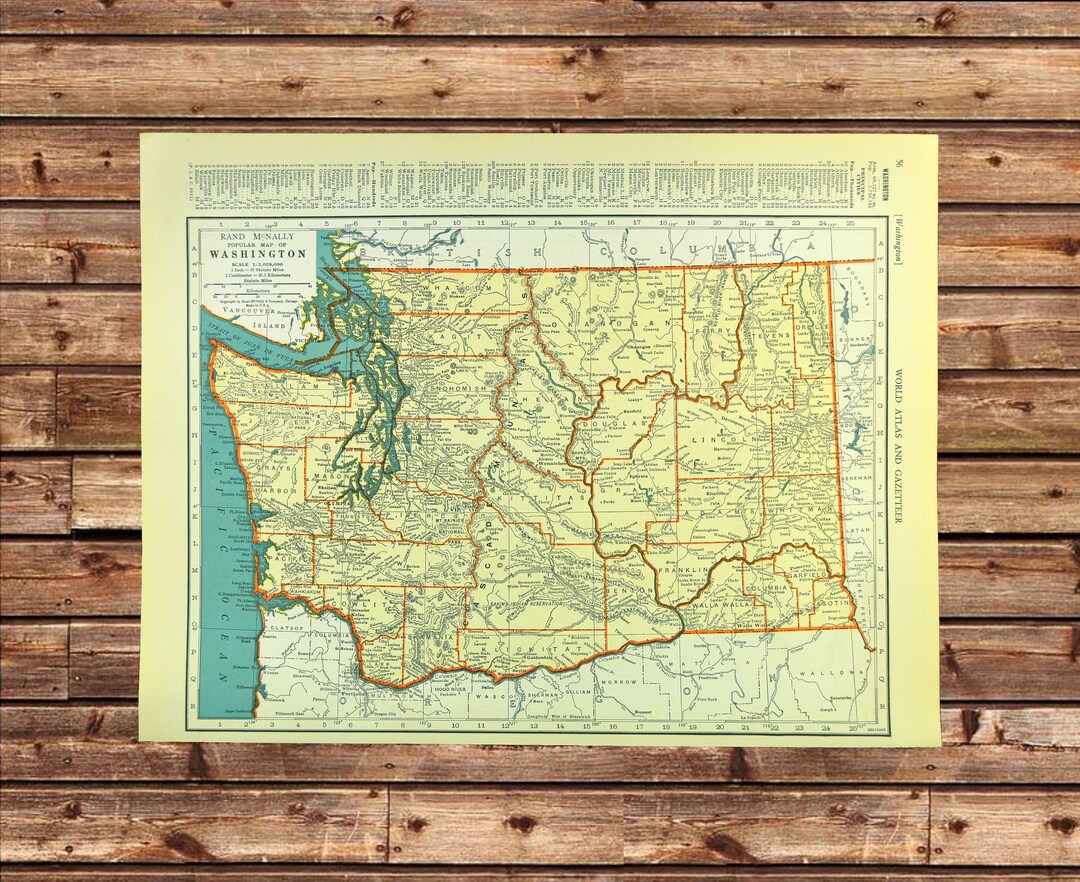 Vintage WASHINGTON MAP Wall Art Decor Frameable ORIGINAL State 1940s ...