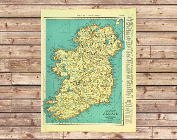 Vintage IRELAND Map Wall Art Decor Frameable ORIGINAL Traveler Gift ...