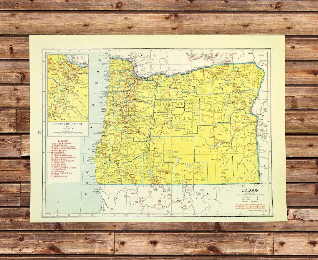 Vintage OREGON Railroad Map Wall Art Decor Frameable Matted ORIGINAL ...
