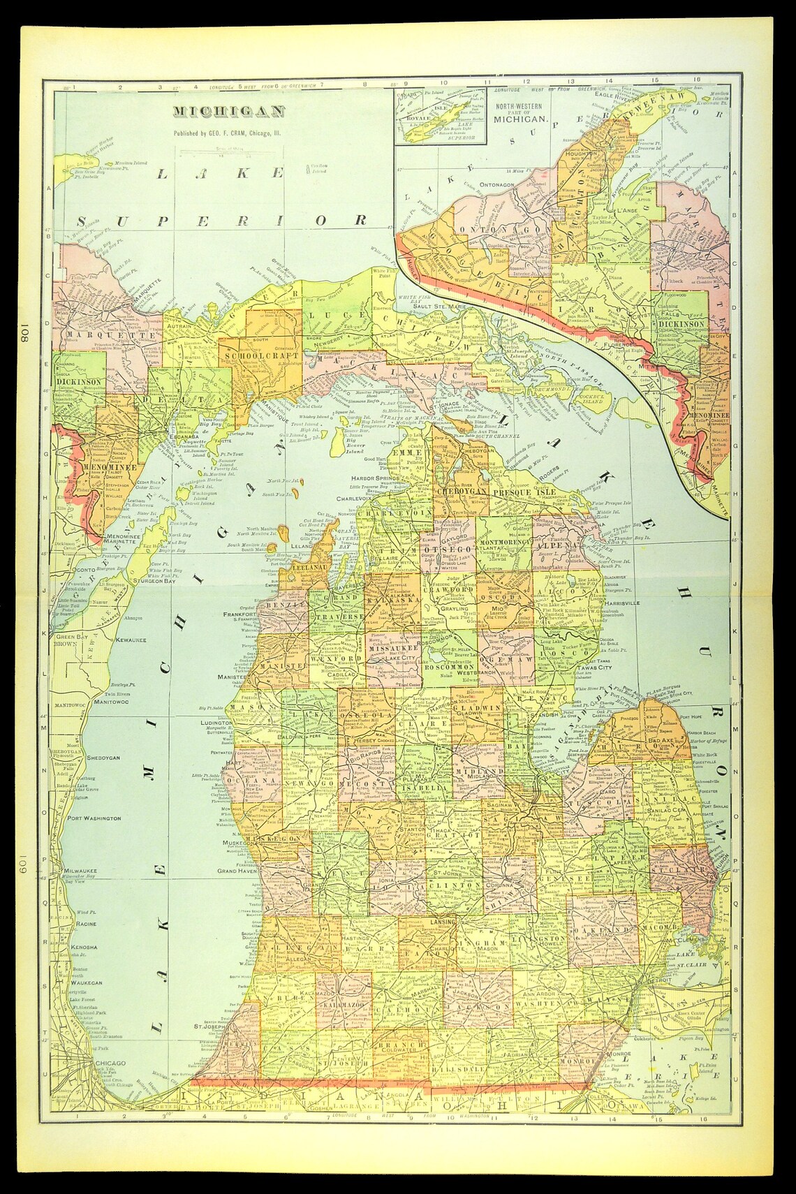 LARGE Michigan Map of Michigan Wall Decor Art Antique Original - Etsy