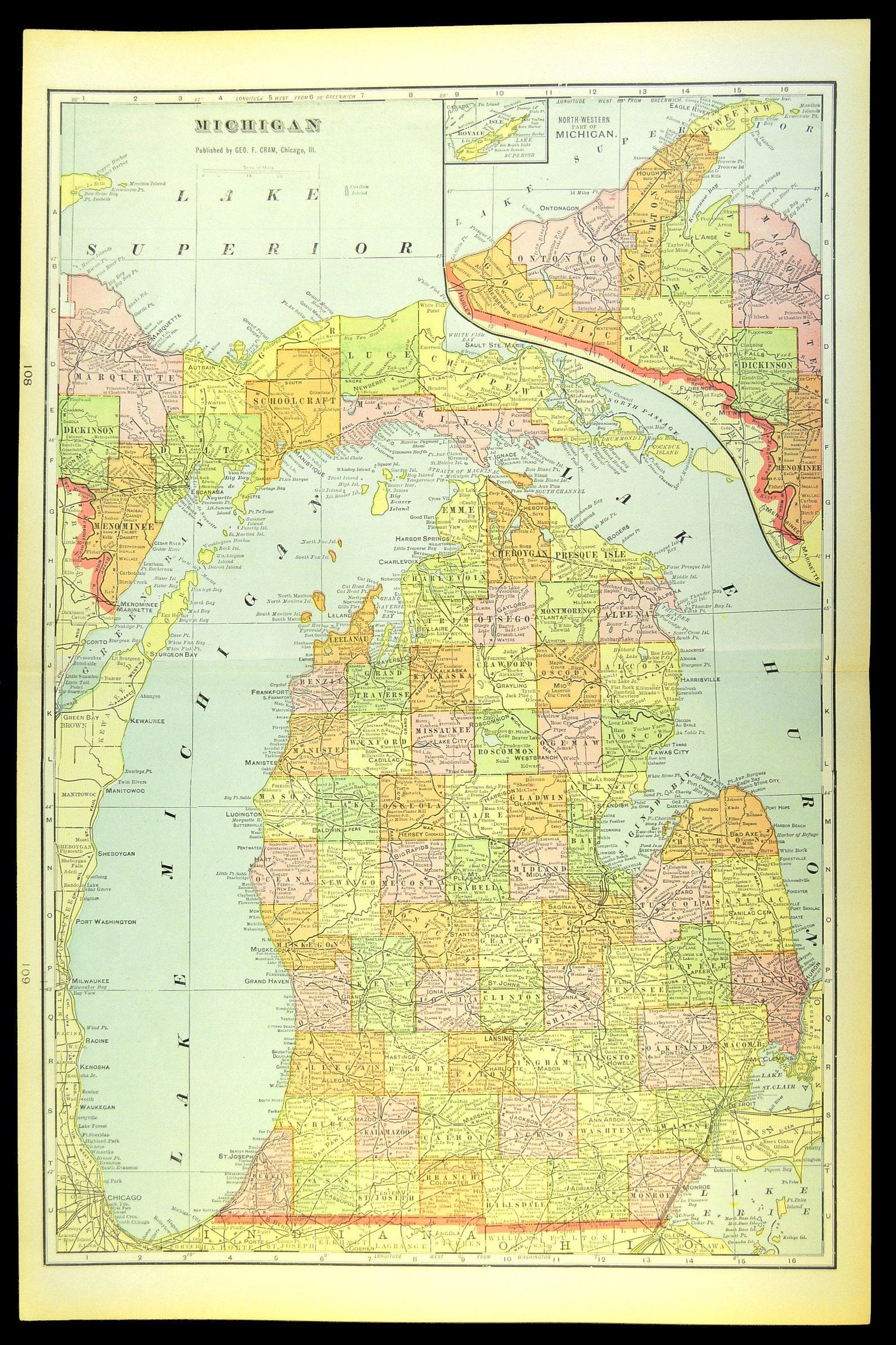 LARGE Michigan Map of Michigan Wall Decor Art Antique Original - Etsy