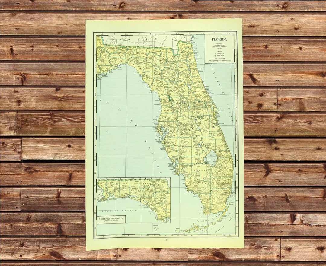 Vintage FLORIDA MAP Wall Art 1940s Old Original Frameable Ready to ...