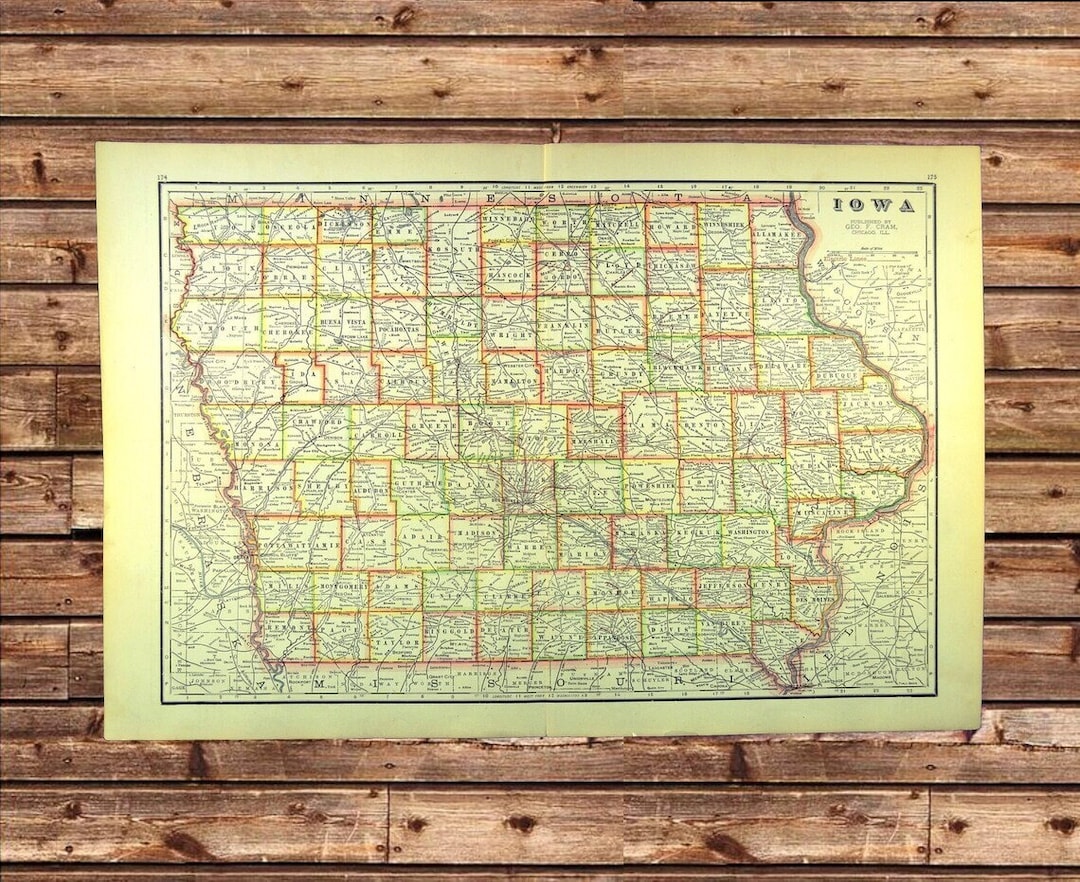 Vintage IOWA Map of Iowa Wall Art Decor LARGE Colorful County Original ...