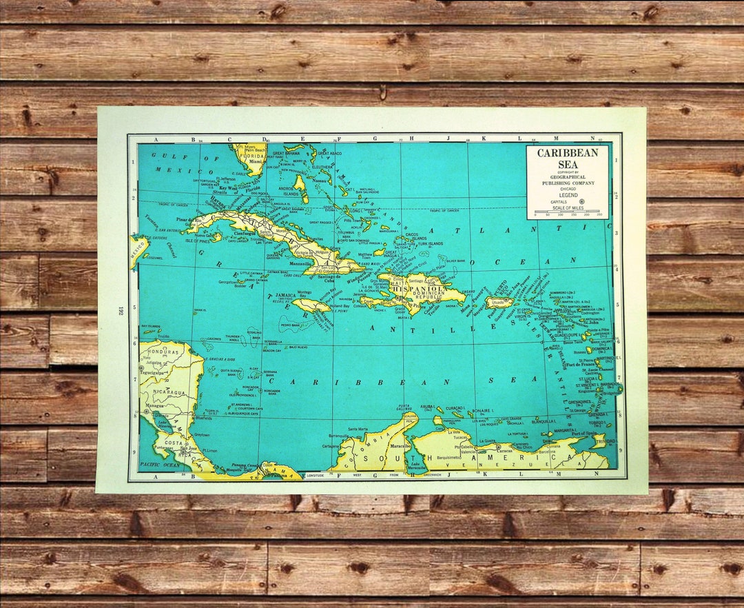 West Indies Map of the Caribbean Map Wall Art Frameable Matted - Etsy