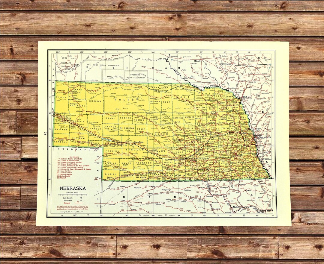 Vintage NEBRASKA Railroad Map Wall Art Decor ORIGINAL Antique 1940s - Etsy