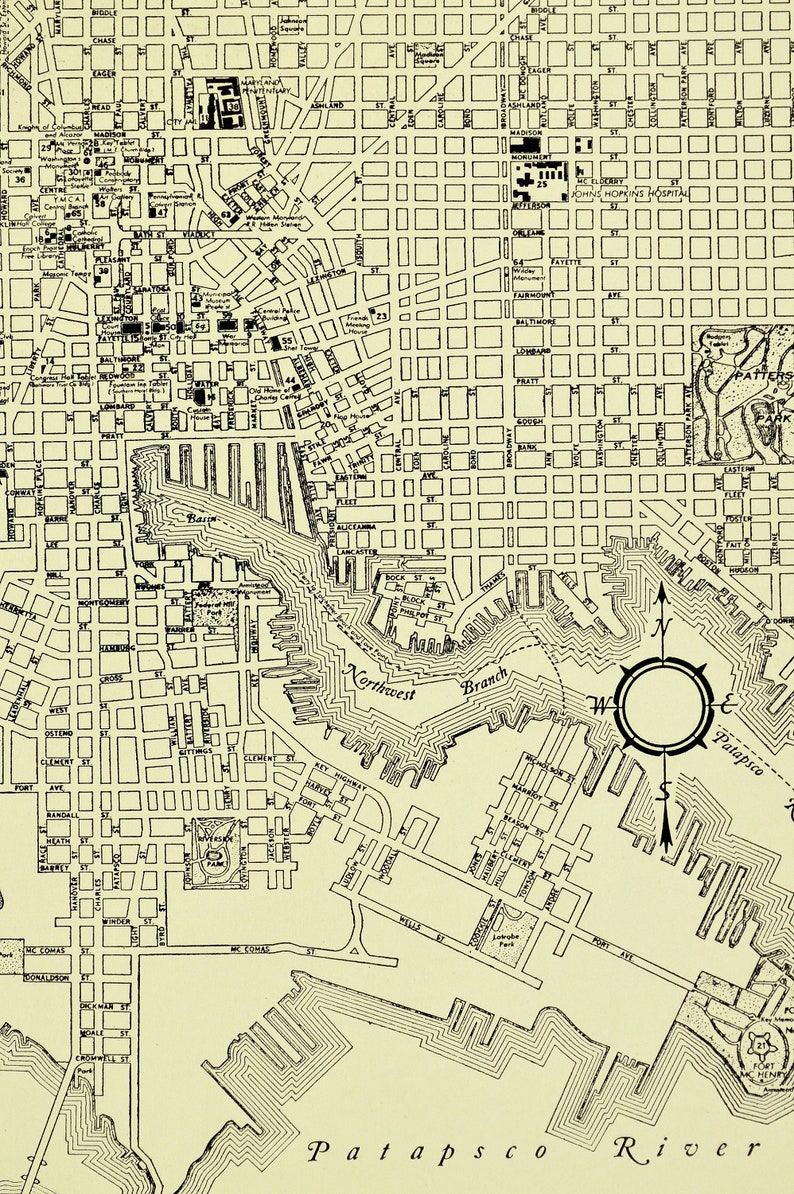 Vintage BALTIMORE City Street Map Wall Art Decor 1930s | Etsy