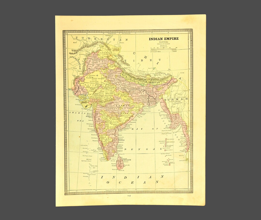 Antique INDIAN EMPIRE Map of India Wall Art Decor ORIGINAL Old Traveler ...