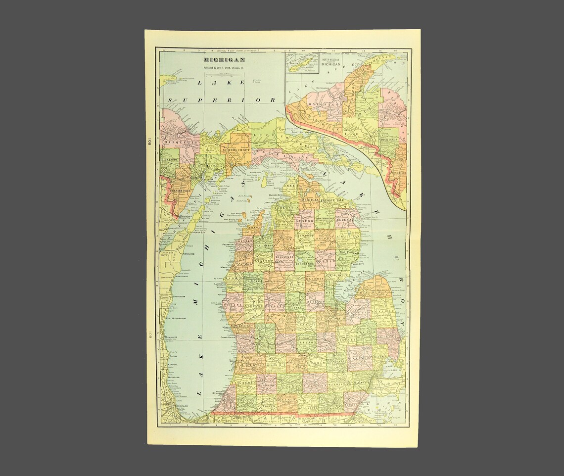 LARGE Michigan Map of Michigan Wall Decor Art Antique Original | Etsy