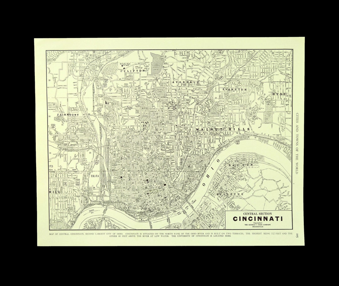 Vintage CINCINNATI Map City Street Wall Art Vintage Old ORIGINAL 1940s ...