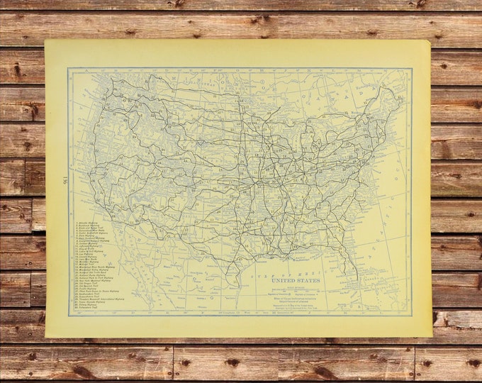 Antique US Roadway Map US Highway Map US 1930 Usa Original Gift for Him ...