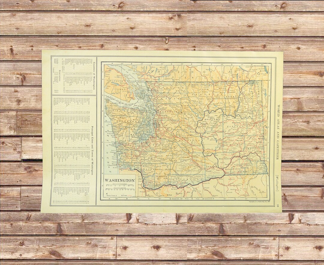 Antique WASHINGTON Map Railroad Wall Art 1920s Decor State Old Vintage ...