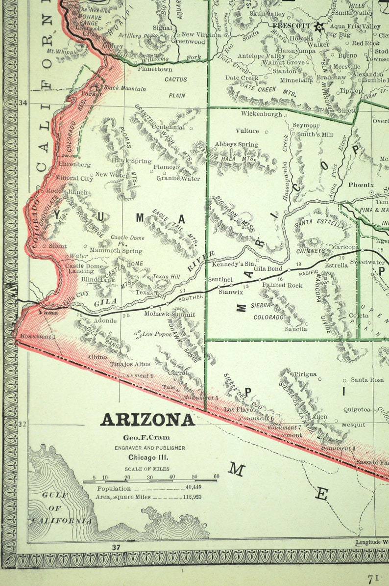 Antique ARIZONA MAP Wall Art Decor ORIGINAL Late 1800s Old - Etsy