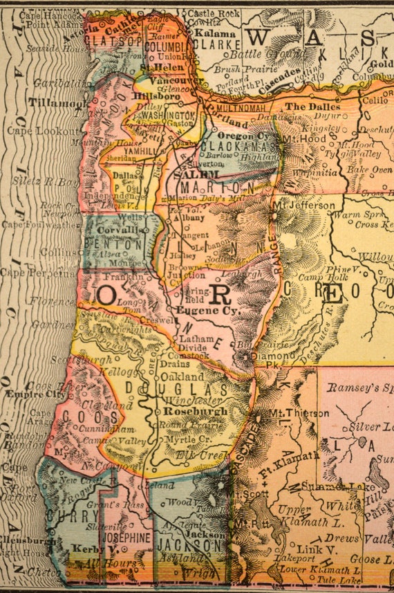 Antique OREGON MAP Wall Art Decor Original Late 1800s Vintage | Etsy