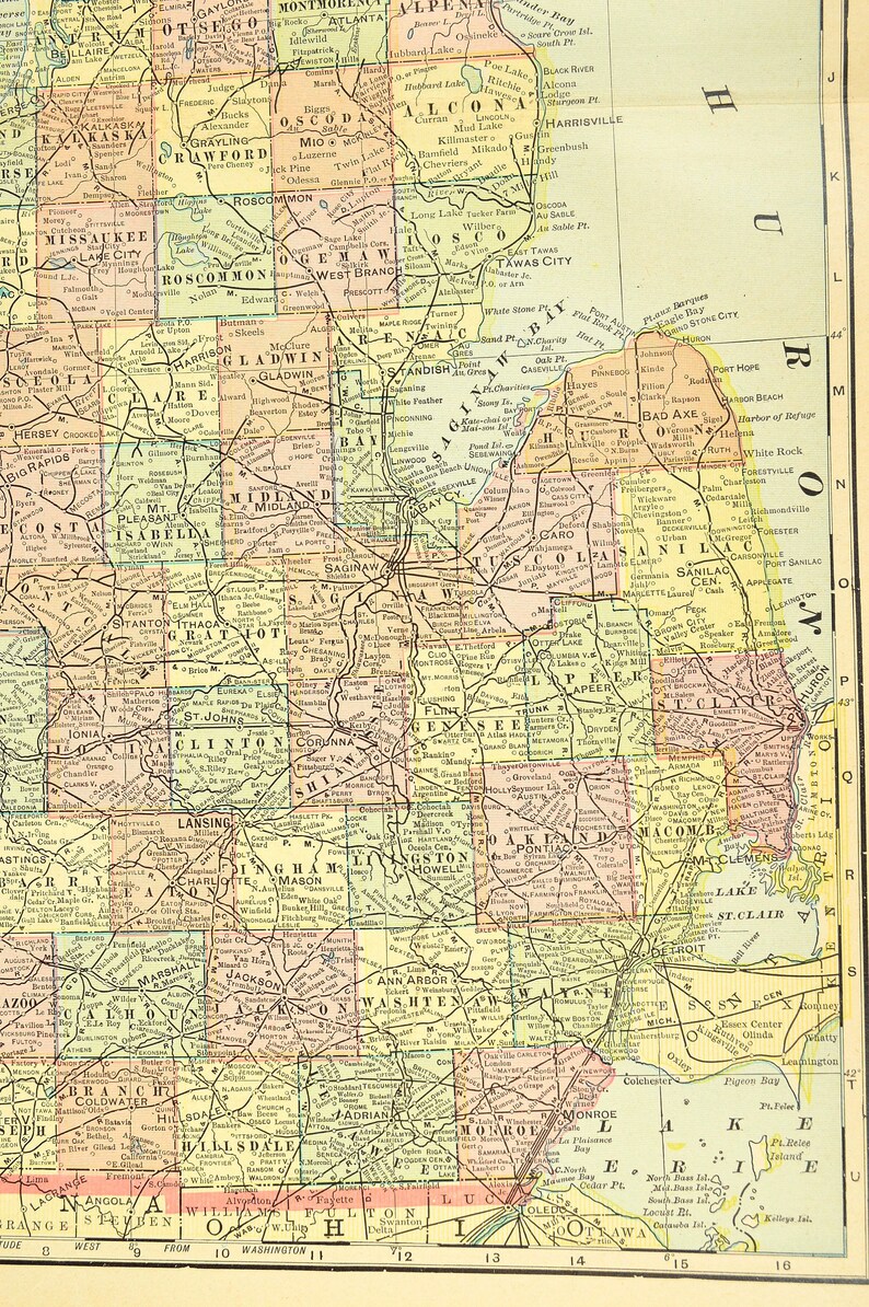LARGE Michigan Map of Michigan Wall Decor Art Antique Original | Etsy