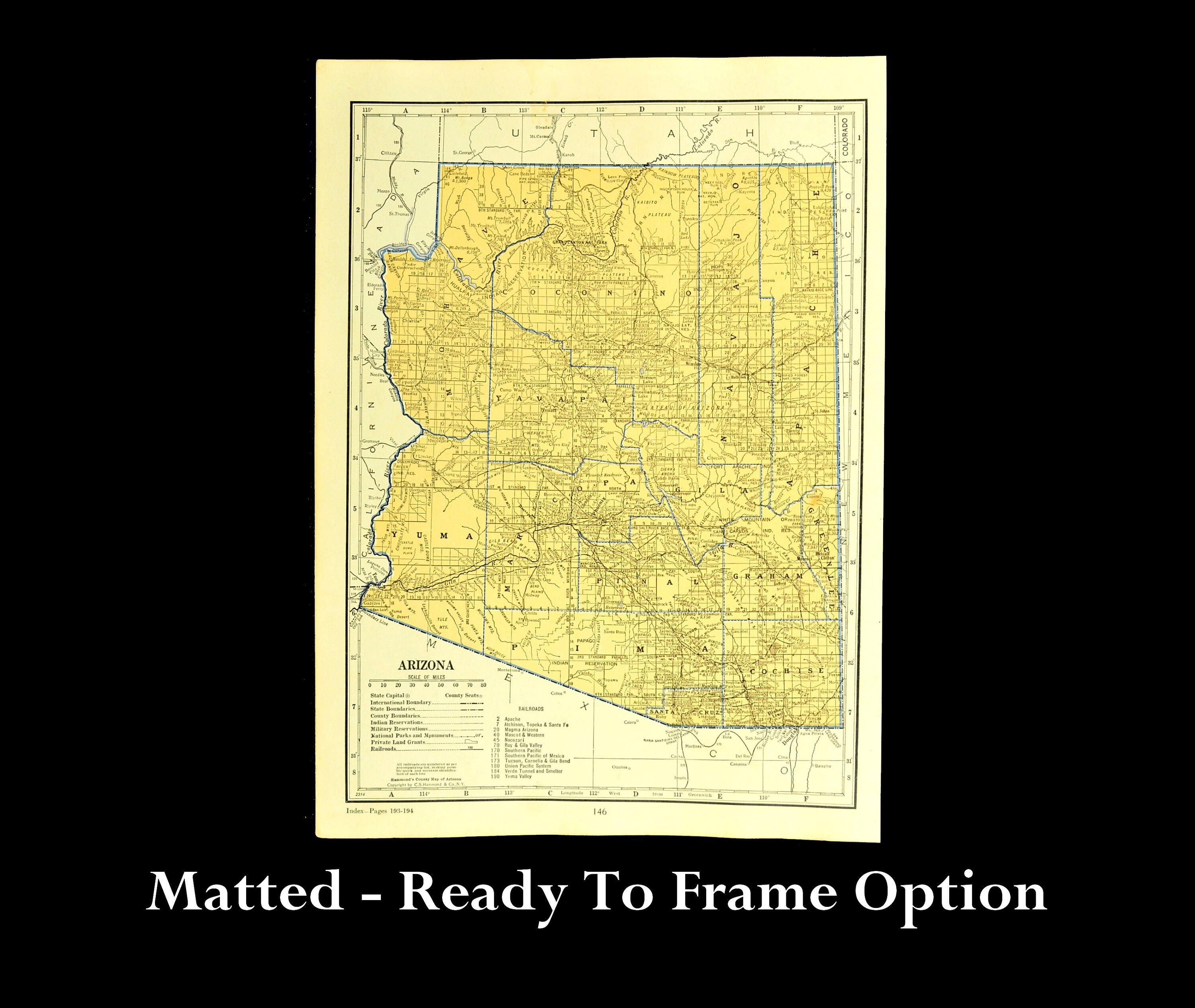 ARIZONA RAILROAD Map Wall Art Decor Beige Blue Vintage | Etsy