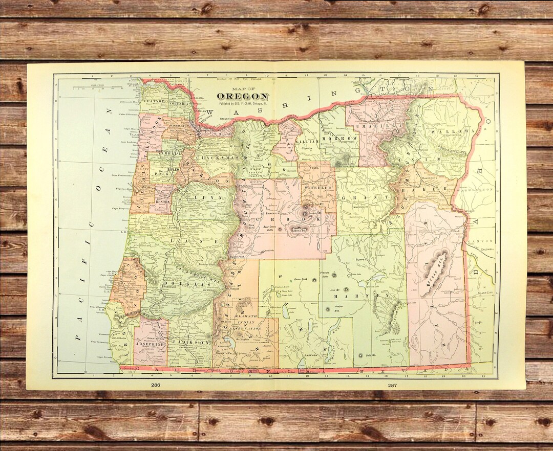 Vintage OREGON Map Wall Art Decor LARGE Old ORIGINAL Portland Antique ...