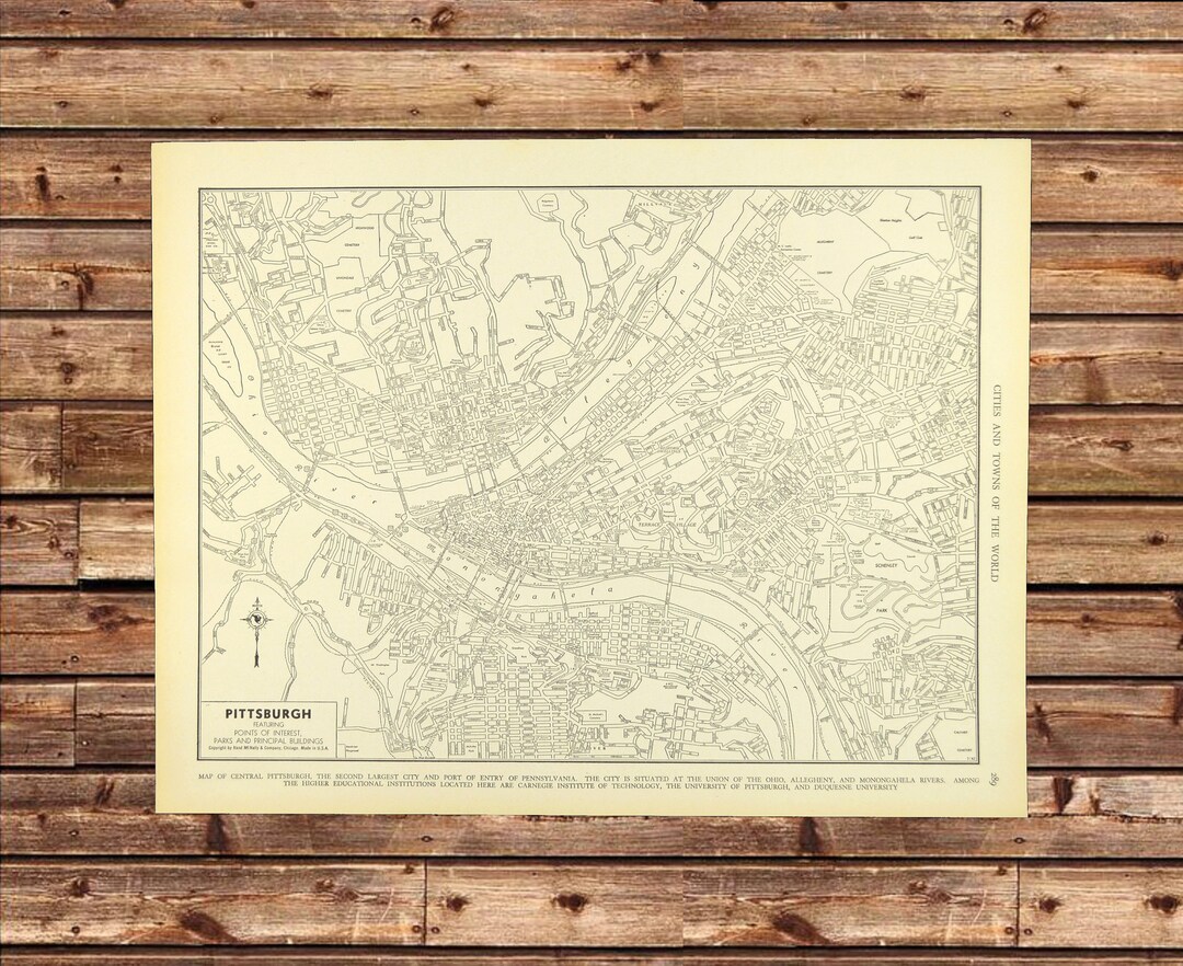 Pittsburgh Map City Street Map Wall Art Vintage 1940s Original Mens ...
