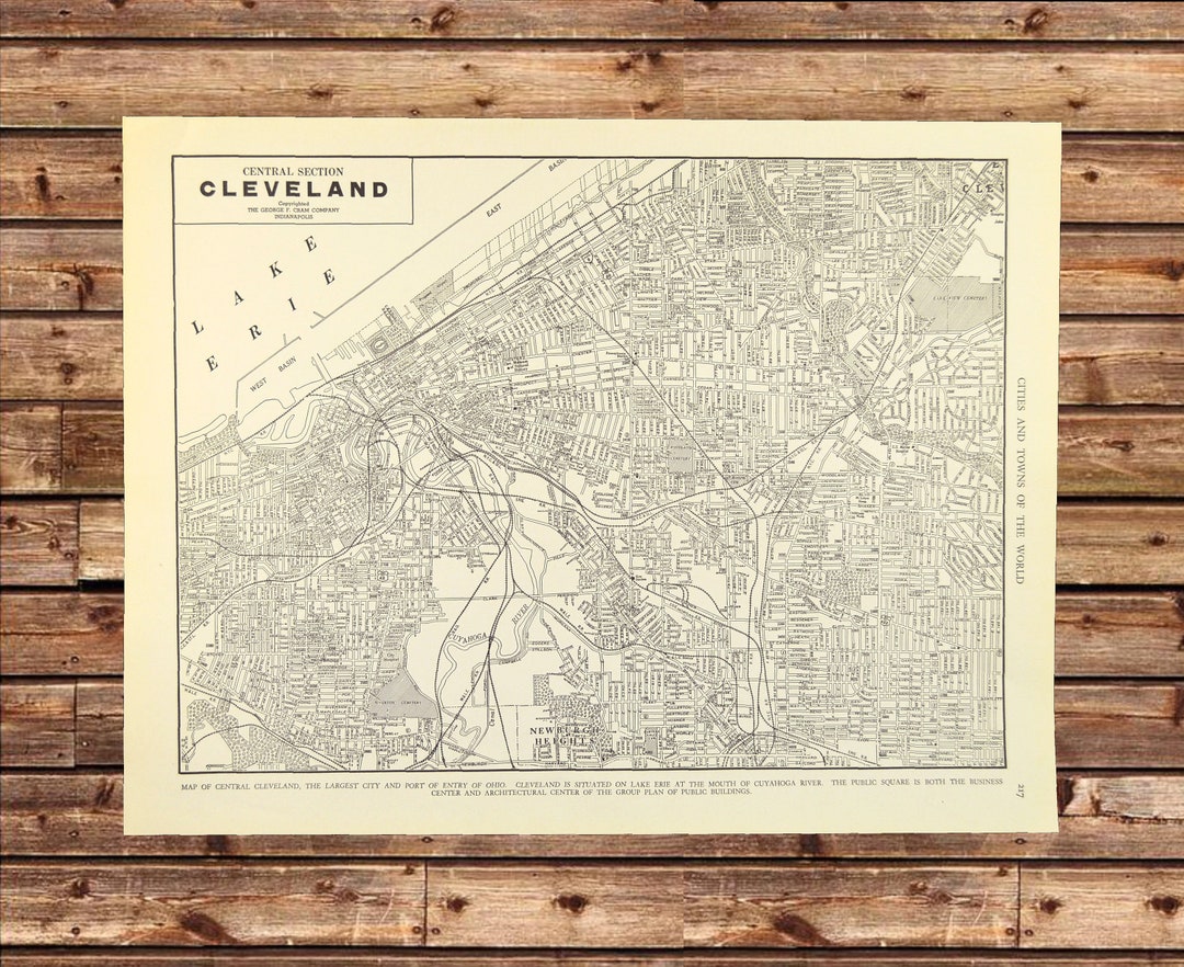 Vintage CLEVELAND Map City Street Wall Art Frameable ORIGINAL Ready to ...