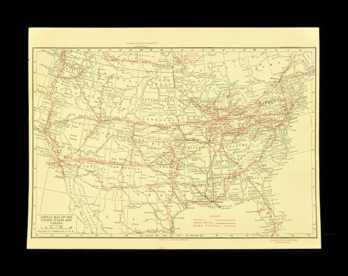 Airline Flight Path Map Airplane United States 1930s Antique Original ...