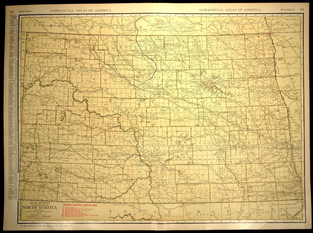 Vintage NORTH DAKOTA Railroad Map Wall Art Decor Original Antique Mens ...