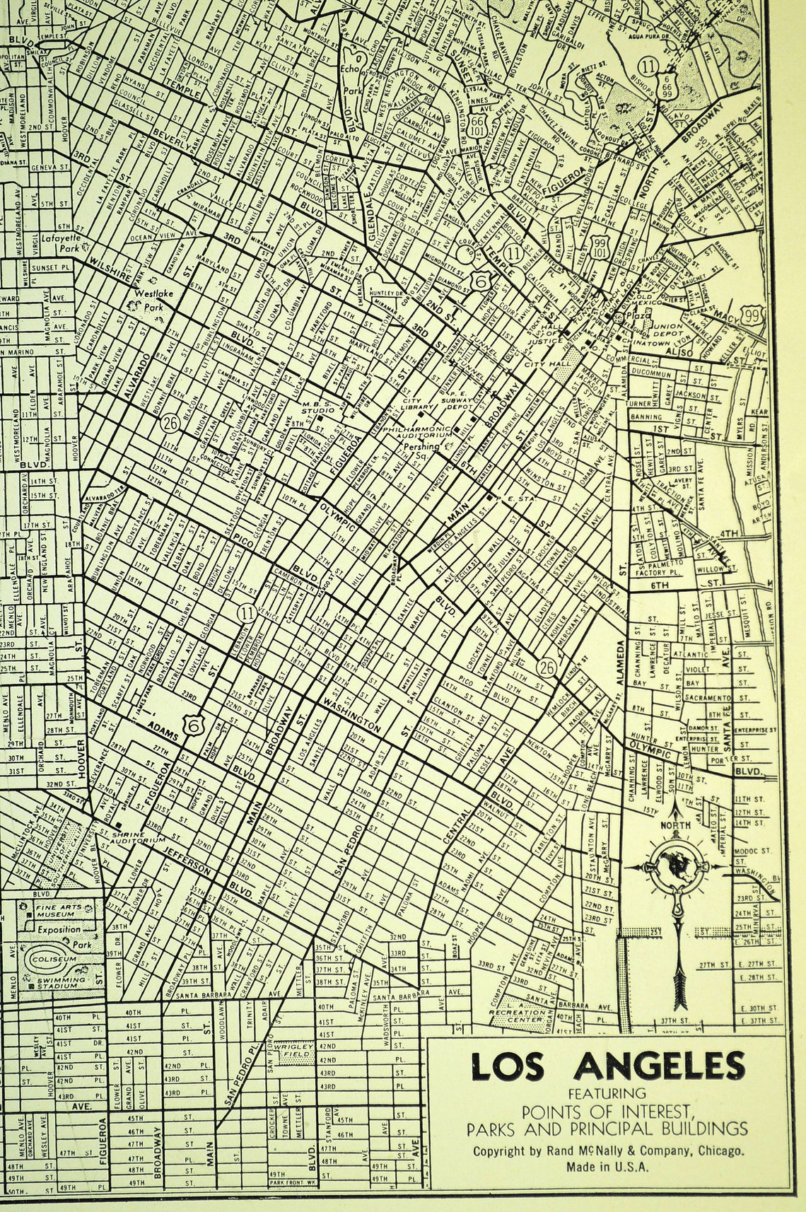 Los Angeles Map of Los Angeles Street Map Wall Decor Art 1940s | Etsy