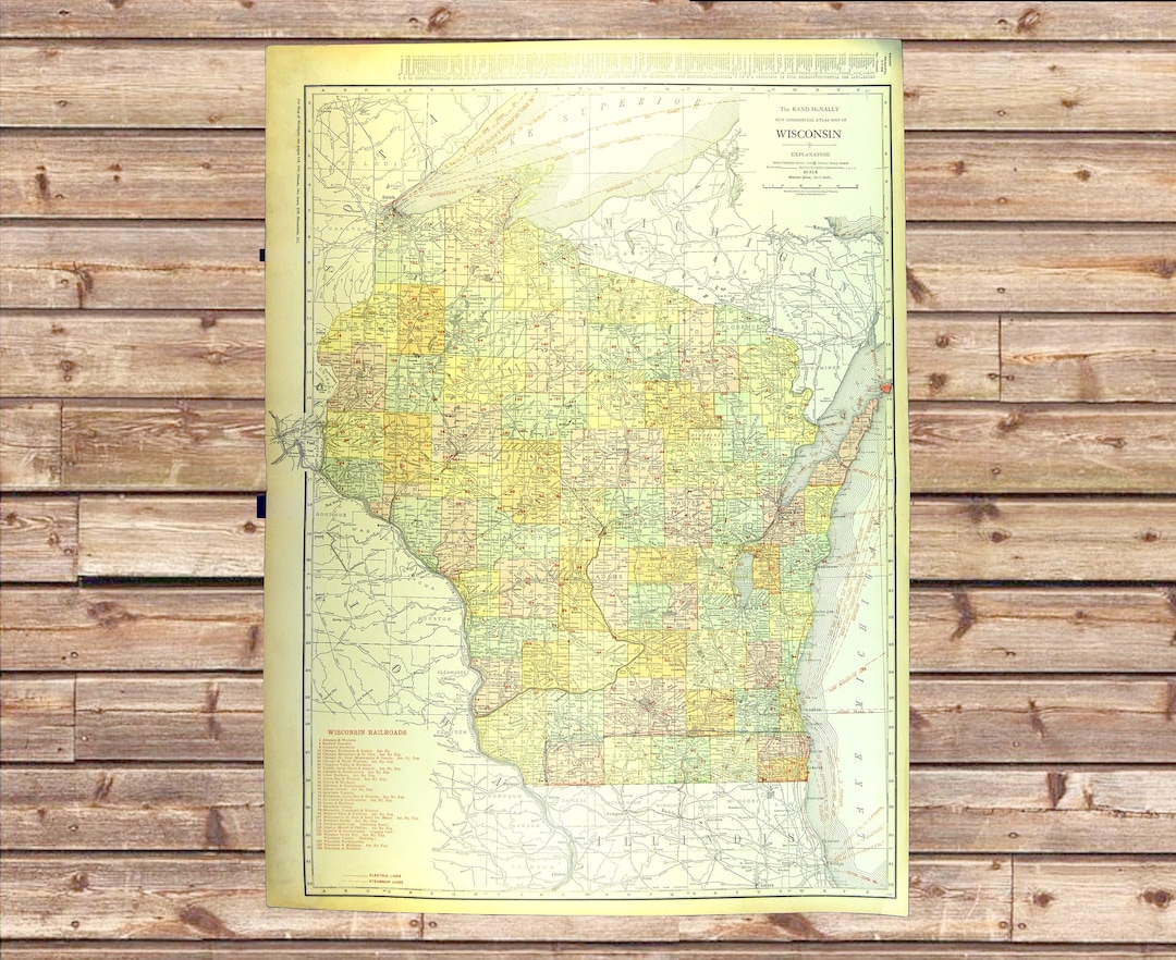Vintage WISCONSIN Map Railroad Wall Art LARGE Antique ORIGINAL - Etsy