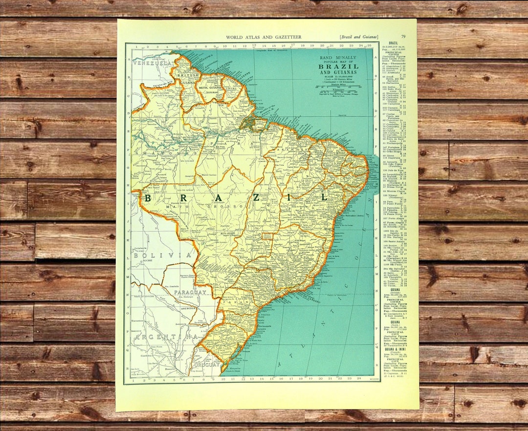 Vintage BRAZIL Map Wall Art Frameable ORIGINAL Ready to Frame Mens Gift ...
