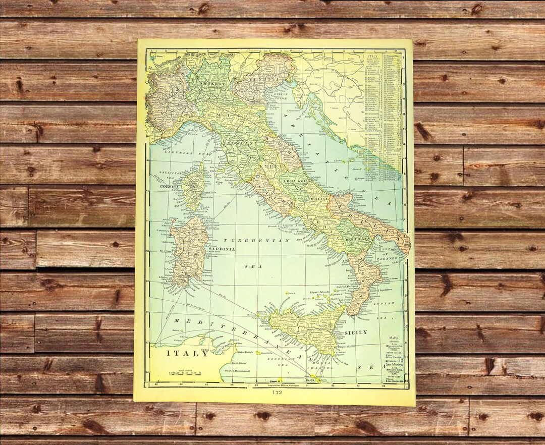 Vintage ITALY MAP of Italy Wall Art Sicily Sardini Frameable Genealogy ...
