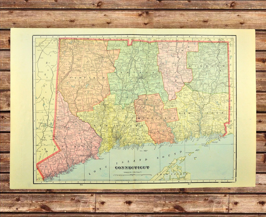 Antique CONNECTICUT Map of Connecticut Wall Art LARGE ORIGINAL Nutmeg ...