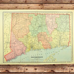 Antique CONNECTICUT Map of Connecticut Wall Art LARGE ORIGINAL Nutmeg ...