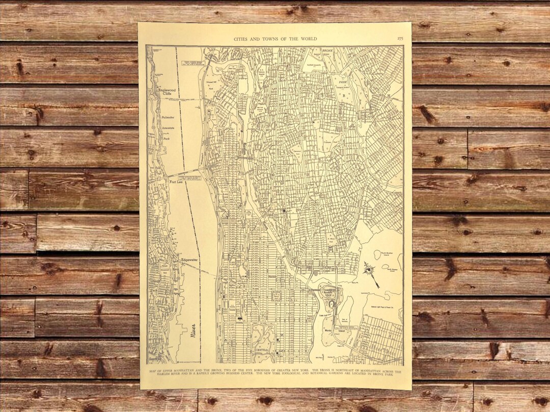 Vintage BRONX Map City Street Map of New York City Wall Art Harlem NYC ...